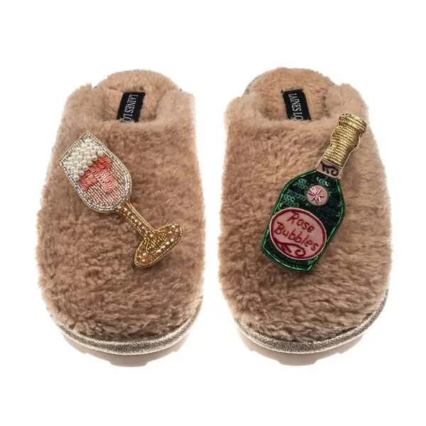LAINES LONDON Neutrals Teddy Closed Toe Slippers With Pink Champagne & Glass Brooches Toffee - Brown