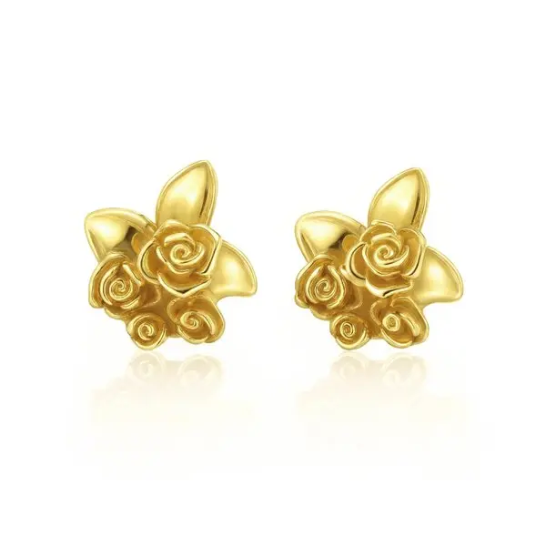 UNALOE Gold Plated Rose Stud Earrings – Floral Leaf Design – Handmade Italian Jewelry - Silver