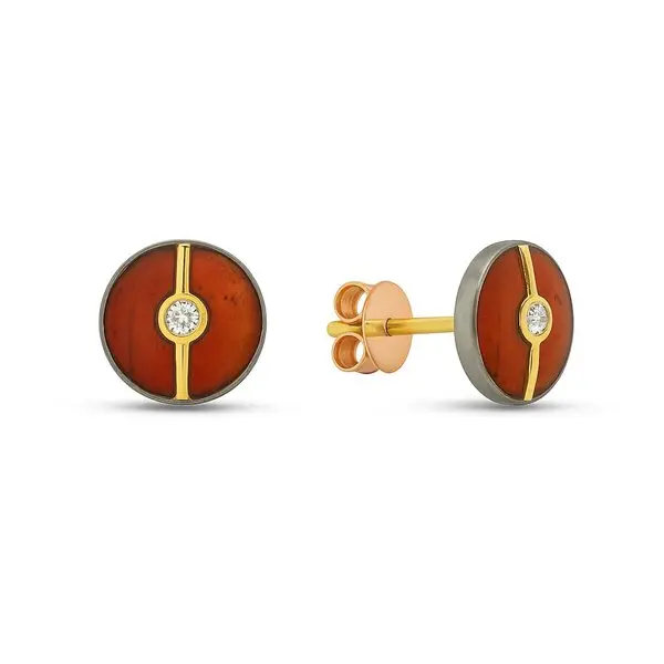 ECCE ARTISAN DIAMONDS Enamelled Mini Multi Diamond Buttons 14k Yellow Gold Earring Camel - Brown
