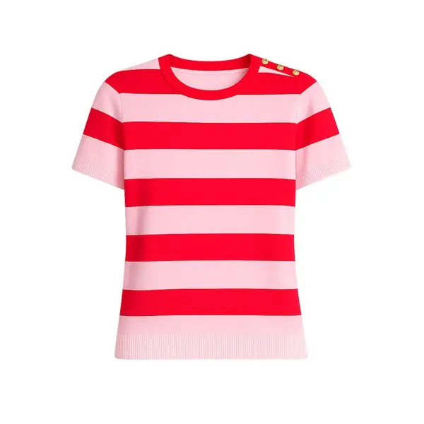 YUMI Block Stripe Knitted Top With Button Details - Red