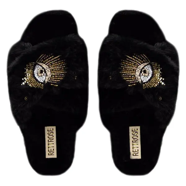 RETTROSE Blake Luxury Plush Diamanté Embellished Handmade Slipper - Black