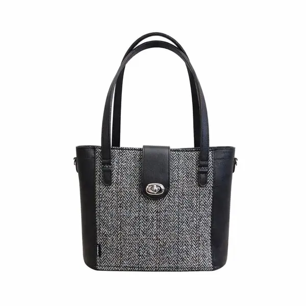 ZATCHELS Tannery Tweed & Leather Mini Twist Lock Shopper Bag - Black