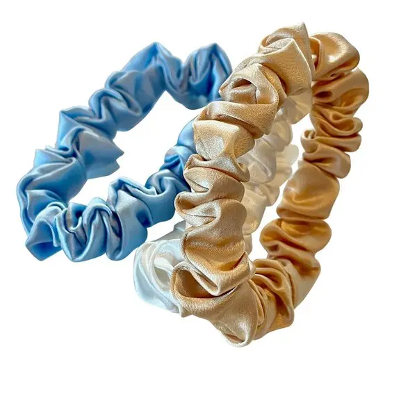 SOFT STROKES SILK Set Of Three Pure Mulberry Silk Mini Scrunchie Weekly Special Hair Ties Daisy Dreams - Blue