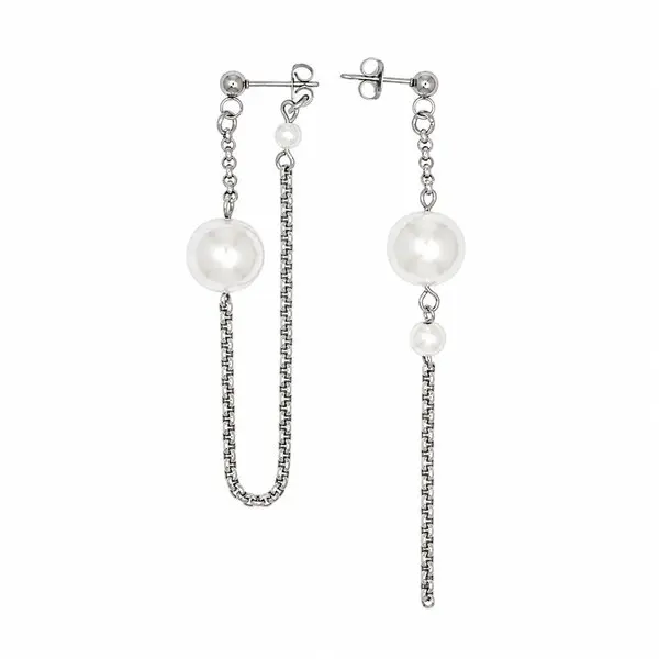 KIREI Silver / White Loop Asymmetric Pearl Chain Earrings - Silver/white