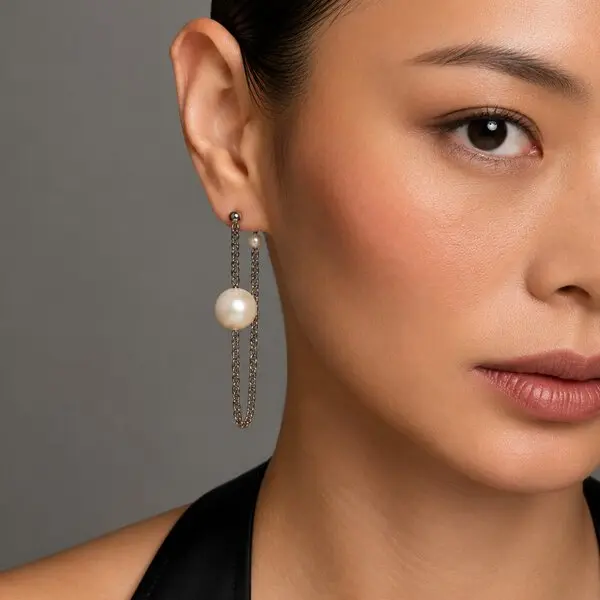 KIREI Asymmetric Pearl Chain Earrings - Silver/white