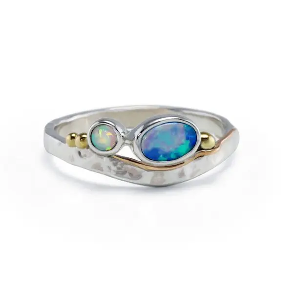 ISLA SILVER Blue / Silver White & Blue Dainty Opal Ring - Blue/silver