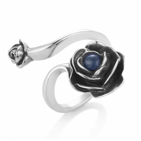 UNALOE Blue / Silver Rose Ring With Natural Sapphire– Adjustable Sterling Silver Jewelry - Blue/silver