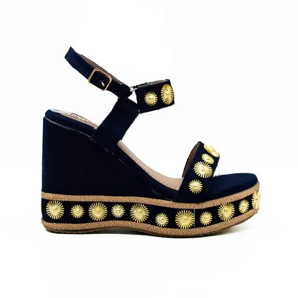 RETTROSE Jasmine Navy Hand Embellished Luxury Wedge Shoe - Blue