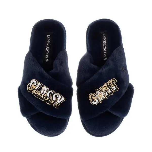 LAINES LONDON Classic Laines Slippers With Classy Cunt Brooches Navy