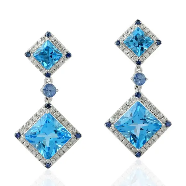 ARTISAN White / Blue Blue Topaz, Sapphire & Diamond Drop Earrings In 18k White Gold - White/blue
