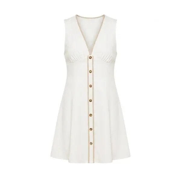MODENAIRE Contrast Trim Mini Dress Button Front - White