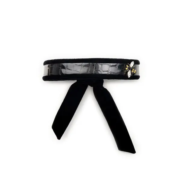 VICTORIA SLAVINSKAIA Crocodile Print Leather Bee Headband - Black