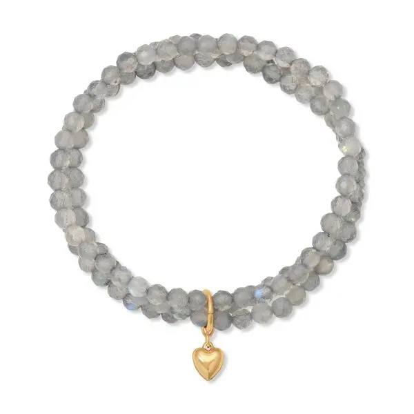 HEATHER HAWKINS Puff Heart Charm Three Strand Gemstone Stretch Bracelet Gold-filled Labradorite - Blue