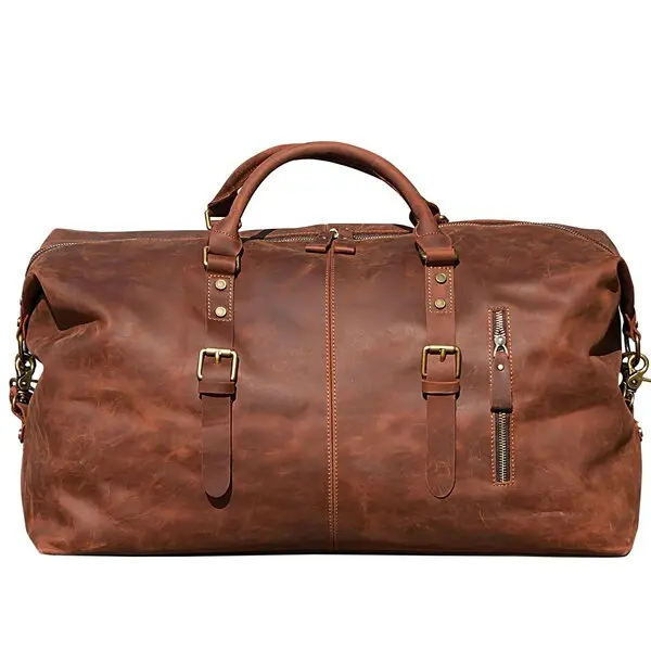 TOURI Zip Detail Genuine Leather Holdall Weekender - Brown