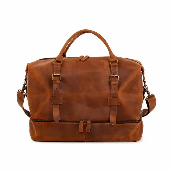 TOURI Genuine Leather Holdall Weekender With Extra Compartt - Brown