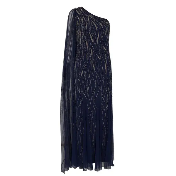 RAISHMA Navy Mila Cut As One Shoulder With A Dramatic To-the-floor Draped Train, Falling From The Shoulder Gown - Blue