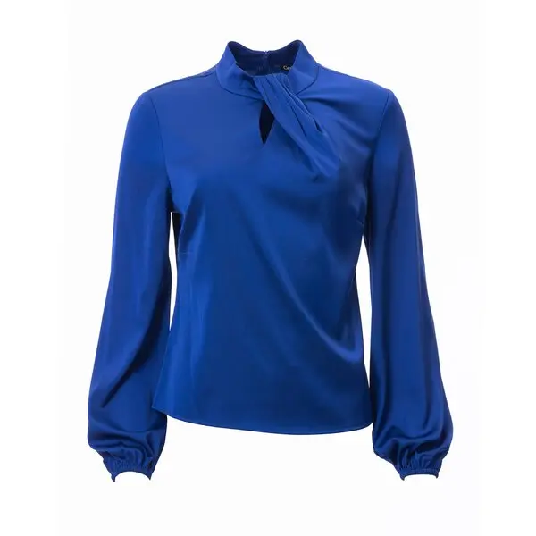CARLOSLINES Draped Mock Neck Long Sleeve Shirt In Cobalt Solid - Blue