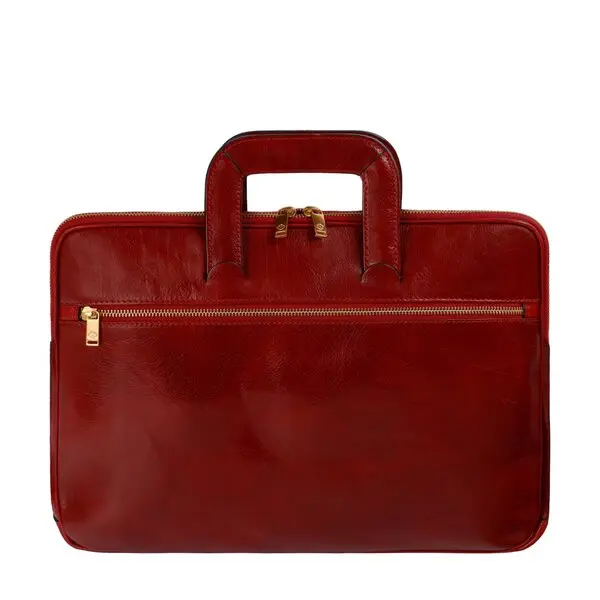 TIME RESISTANCE Leather Briefcase Laptop Bag In Brave New World - Red