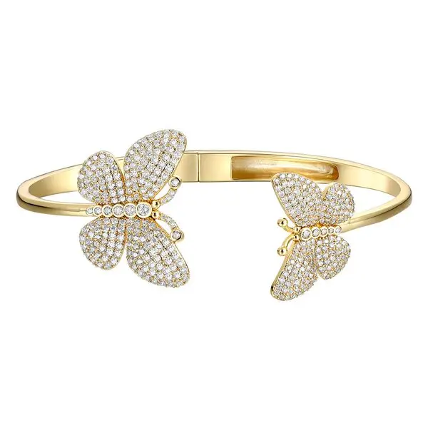 GENEVIVE Sterling Silver Plated With Cubic Zirconia French Pave Butterfly Open Cuff Bracelet - Gold