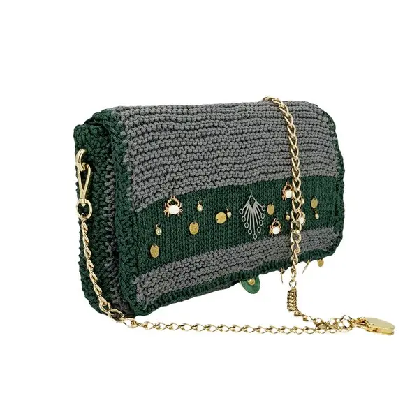 HILO DE MAR Green / Grey Morrina Hand Knitted Bag With Charms Grey & Green - Green/grey
