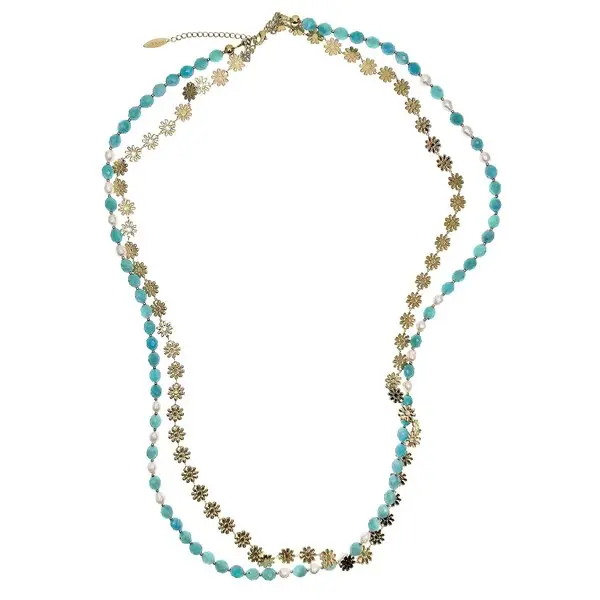 FARRA Amazonite With Flower Chain Double Layers Necklace - Green