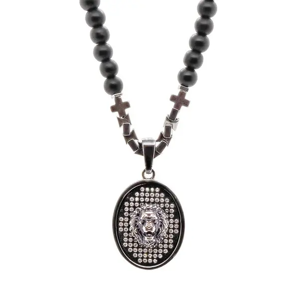 EBRU JEWELRY Black / Silver Black Onyx & Silver Lion Beaded Necklace Black - Black/silver