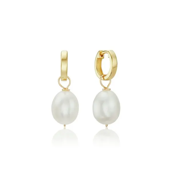 LILY & ROO Solid Plain Huggie Pearl Drop Hoop Earrings - Gold