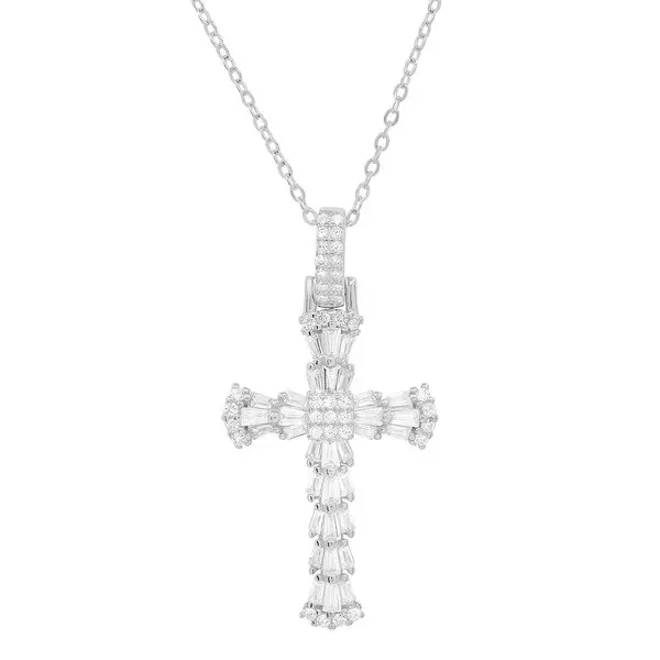 KYLIE HARPER Luxurious Baguette-cut Diamond Cz Cross Pendant Necklace In Sterling - Silver