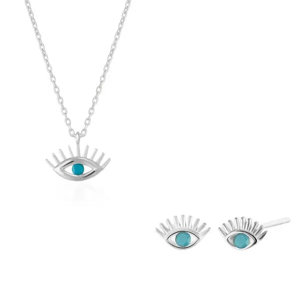 SPERO LONDON Turquoise Blue Eye Evil Eye Sterling Necklace & Earring Set - Silver