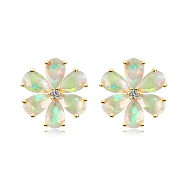 KAI FINE JEWELRY White / Gold Solid Gold Natural Fire Opal & Diamond Flora Earrings - White/gold