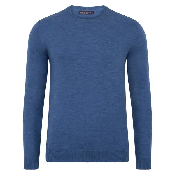 PAUL JAMES KNITWEAR Extra Fine Merino Wool Callington Crew Neck Jumper Denim Blue - Grey