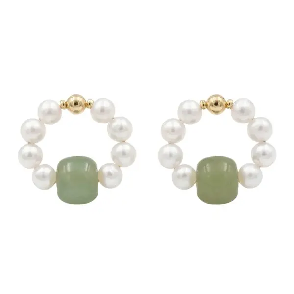 SEREE Isa Beaded Pearl Jade Hoop Earrings - Green