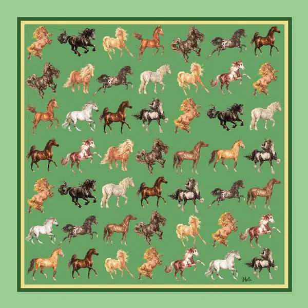 RALUFINEART Silk Pocket Square Majestic Horses - Green