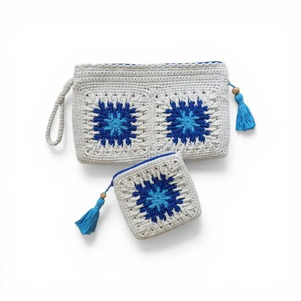 SPRINGMOONATELIER Blue / White Handmade Crochet Bag Set Blue – Lined Cotton Clutch And Mini Pouch - Blue/white