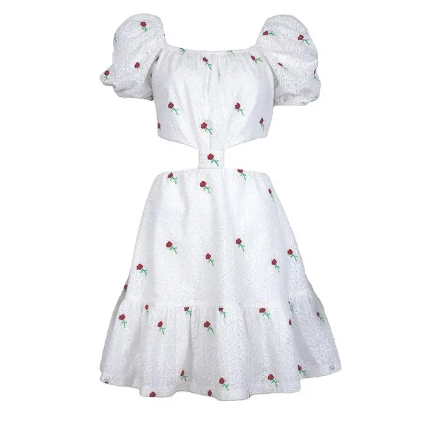 LALIPOP DESIGN Guipure Mini Dress With Red Flowers & Cut-out Details - White