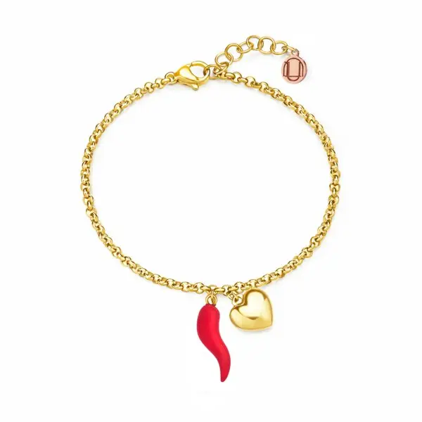 UNALOE Gold / Red Gold Vermeil Cornicello & Heart Charm Bracelet – Red Enamel Italian Good Luck Jewelry, Handmade Lucky Talisman - Gold/red