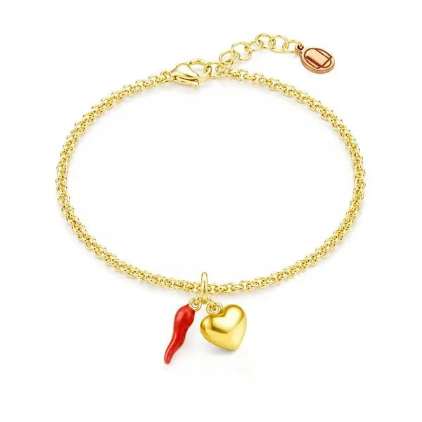 UNALOE Gold / Red Gold Vermeil Cornicello & Heart Charm Bracelet – Red Enamel Italian Good Luck Jewelry, Handmade Lucky Talisman - Gold/red