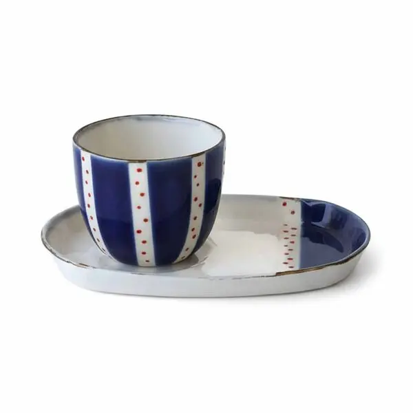 Lali Design Studio Blue / Red Enjoy Navy Espresso Cup And Snack Plate Set Porcelain - Blue/red