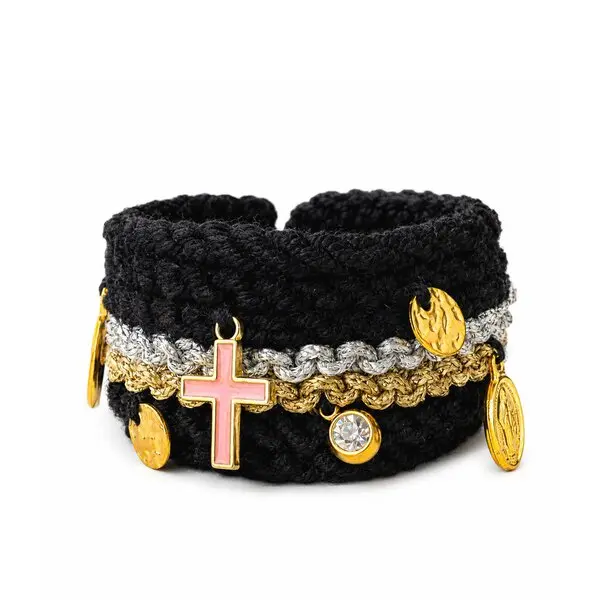 HILO DE MAR Hand-knitted Charm Bracelet With Religious Motifs - Black/silver/gold
