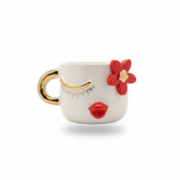 ANATOLIACRAFT White / Red Handmade Gold & Red Flower Face Porcelain Coffee Cup - White/red