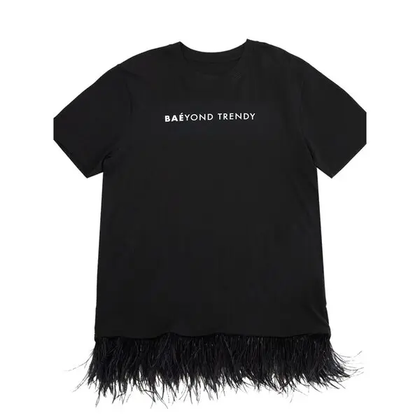 Baé Special Moments T-shirt Dress With Feathers - Black