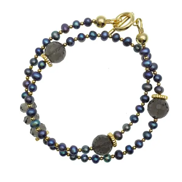 FARRA Freshwater Pearls With Smoky Quartz Double Wrapped Bracelet - Black