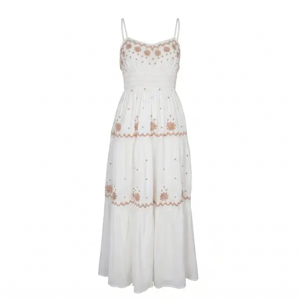 MODENAIRE Embroidered Maxi Dress Tiered Form - White
