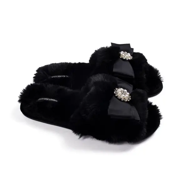 PRETTY YOU Anya Slider Slipper With Diamante - Black