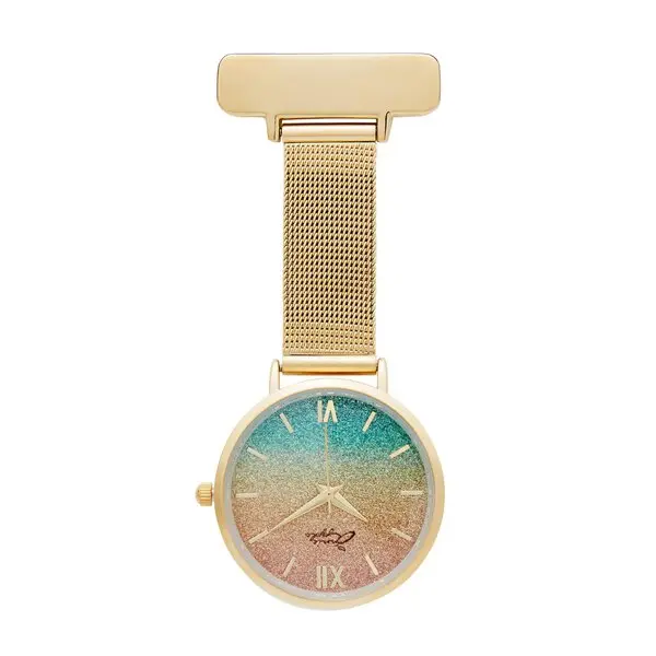 BERMUDA WATCH COMPANY Annie Apple Aurora Rainbow Glitter Mesh Nurse Fob Watch - Gold