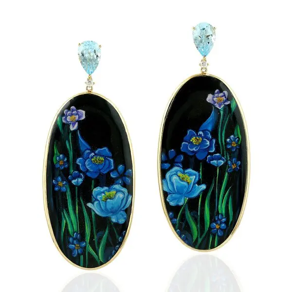 ARTISAN Hand-painted Floral Bakelite, Aquamarine & Diamond Drop Earrings In 18k - Gold