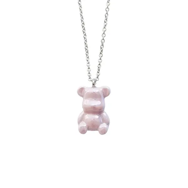 POPORCELAIN Sweet Pink Porcelain Teddy Bear Necklace, Tone - Silver