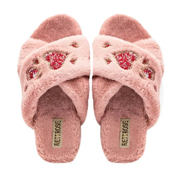 RETTROSE Neutrals Kaylee Nude Luxury Plush Diamanté Embellished Handmade Slipper - Brown