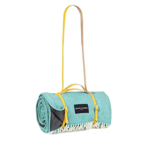 HEATING & PLUMBING LONDON Pure New Wool Picnic Blanket Cornish Cove Long Yellow Strap - Blue