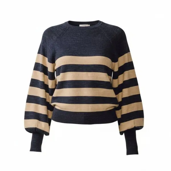 BEIRA Ada Lantern Sleeve Cotton Stripe Jumper In Navy & Cream - Blue